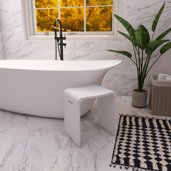 HOME ART Solid Surface Shower Stool Matte White Resin Stone Bathroom Stool With Built-in Hand ...